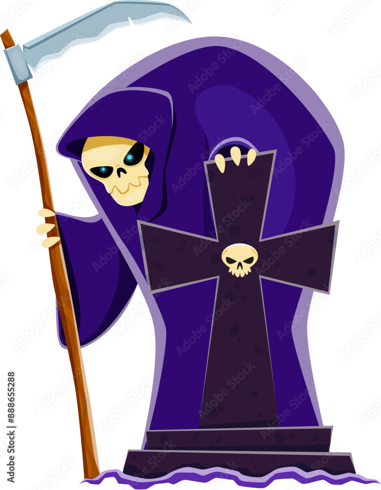 Cartoon Halloween scary death character near tombstone. Vector sinister ...