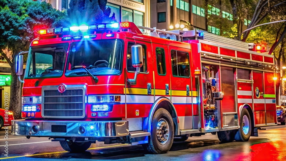 Emergency vehicle fire truck with flashing lights and sirens on the ...