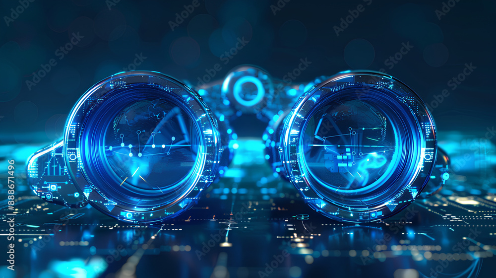digital blue binocular with data streams, ai in visual recognition ...