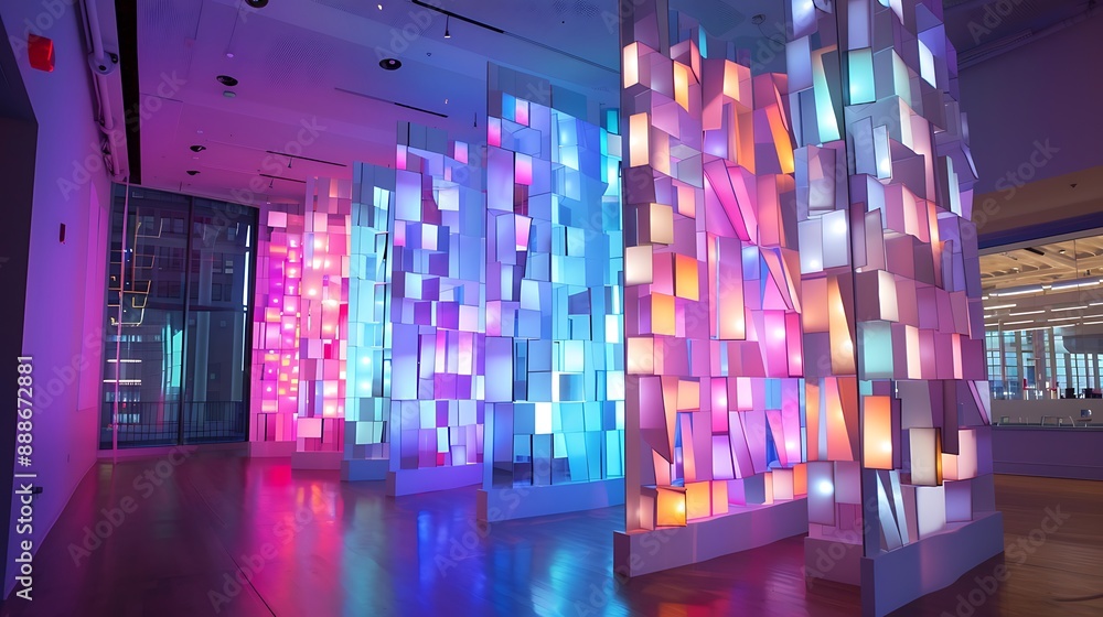 A modern art installation with LED panels changing colors, creating a ...