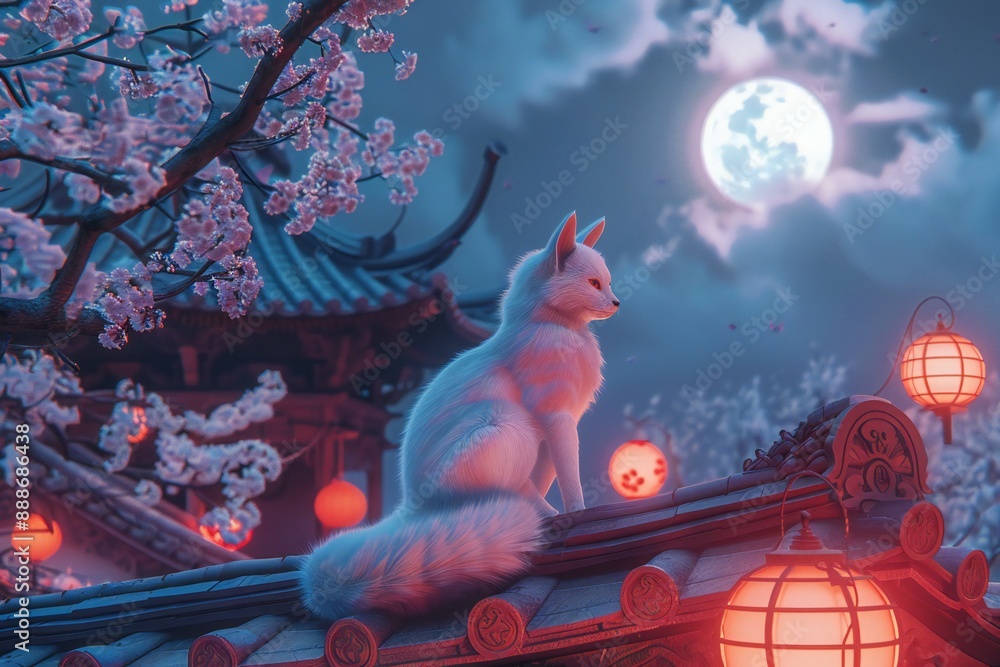 Kitsune with nine tails and a mystical aura sitting on a temple roof ...