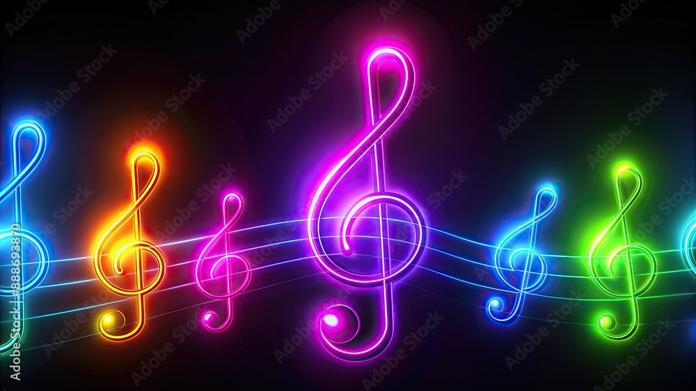 Colorful neon of music notes with treble clef in neon lights on a black ...
