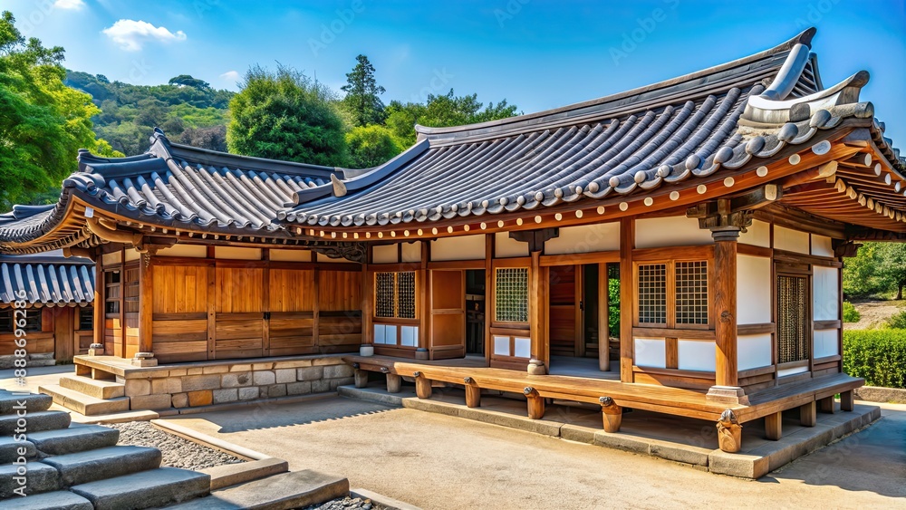 Traditional Korean house with tiled roof and wooden structure, Korea ...