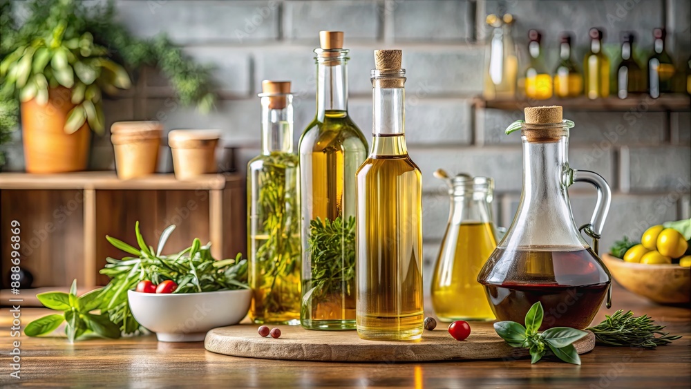 Bottles of olive oil and vinegar on a kitchen countertop, food, cooking ...