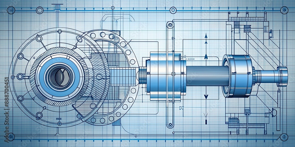 Technical drawing of complex mechanical part with detailed orthographic ...