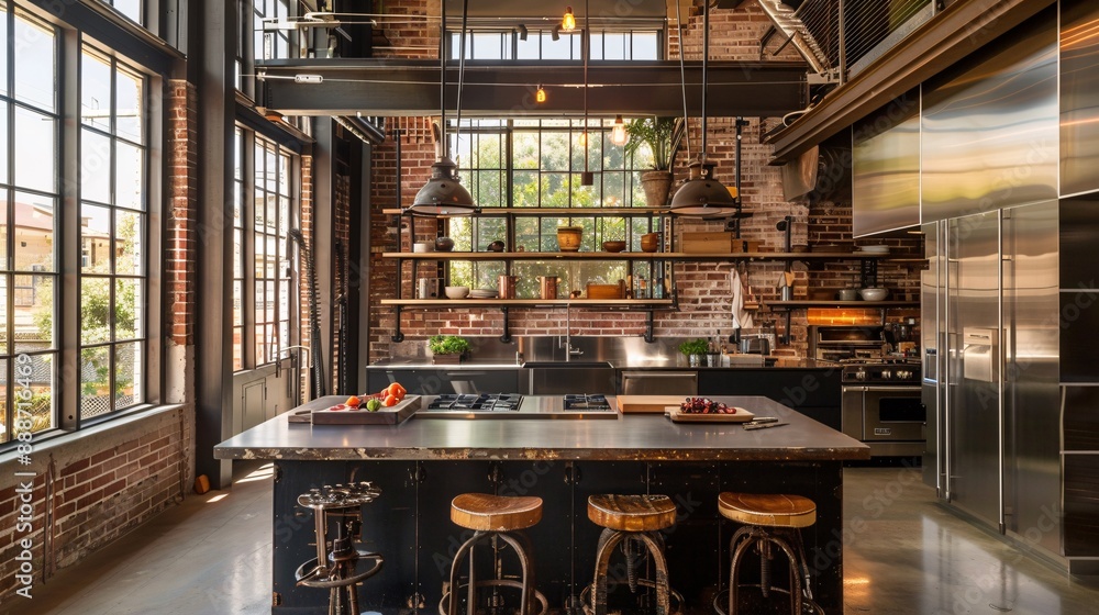An urban industrial kitchen design with black steel-framed windows ...
