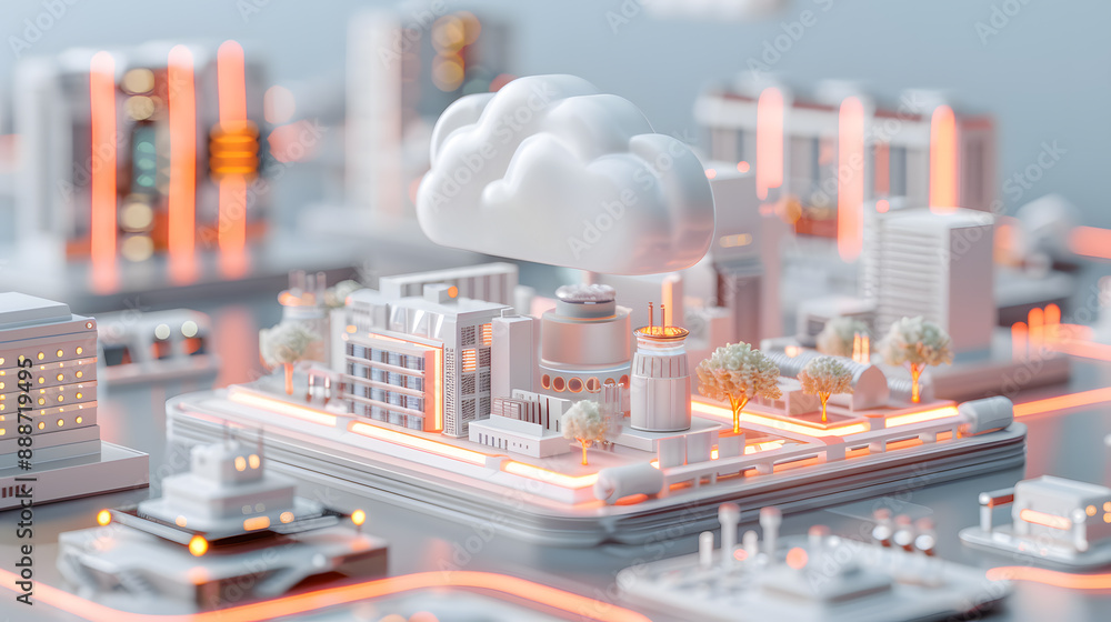 3D illustration of cloud computing in a modern data center with cloud ...