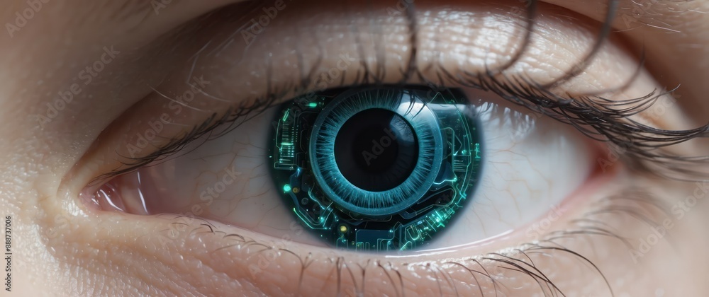 Close up of a human eye integrated with digital technology, symbolizing ...