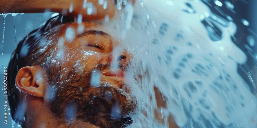 Creative Man Washing Hair with Shampoo in Shower, Eyes Closed Under ...