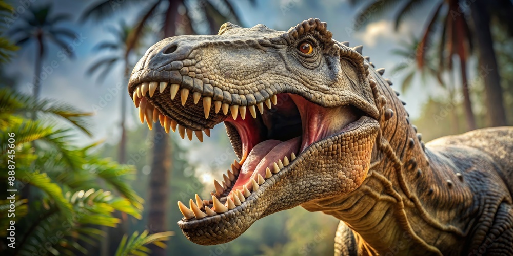 Tyrannosaurus Rex Close-Up with Palm Trees in the Background, Dinosaur ...