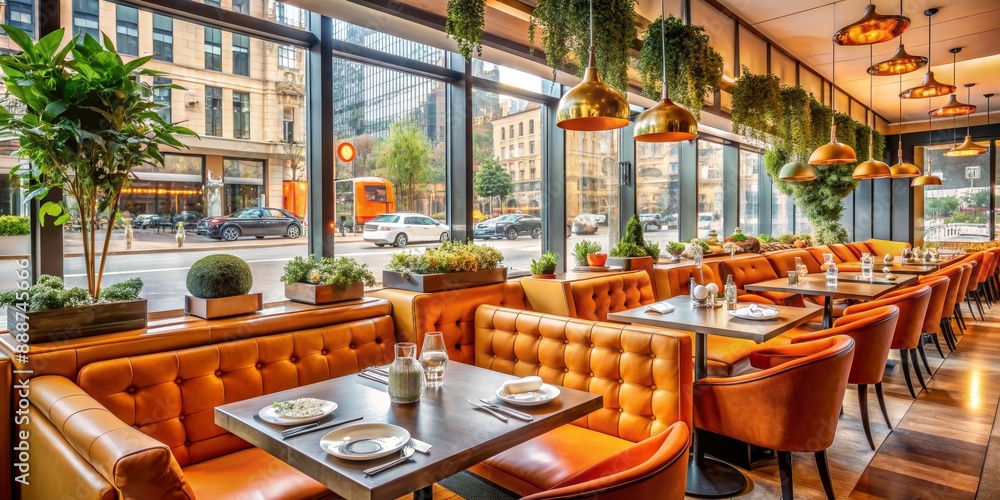 Urban Chic Restaurant Interior with Orange Booths and City Views ...