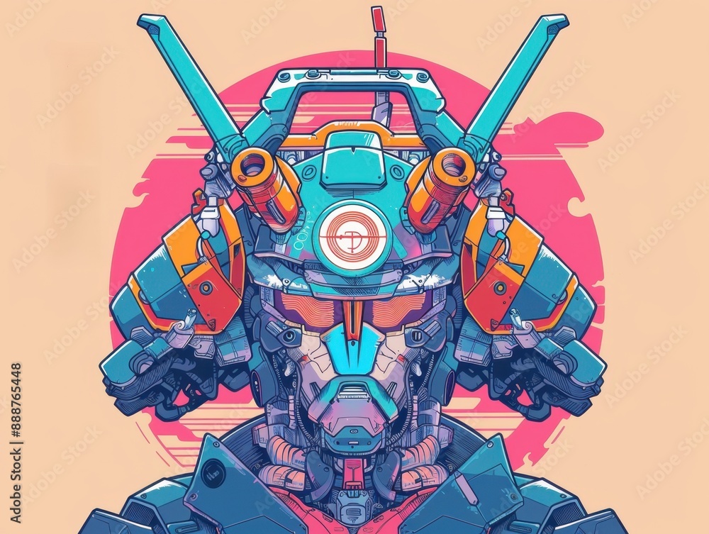 Japanese cyber motifs flat design front view scifi themes cartoon ...