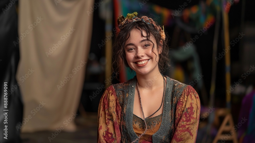 Foto de Female Actor in Costume Smiling Confidently on Stage with ...