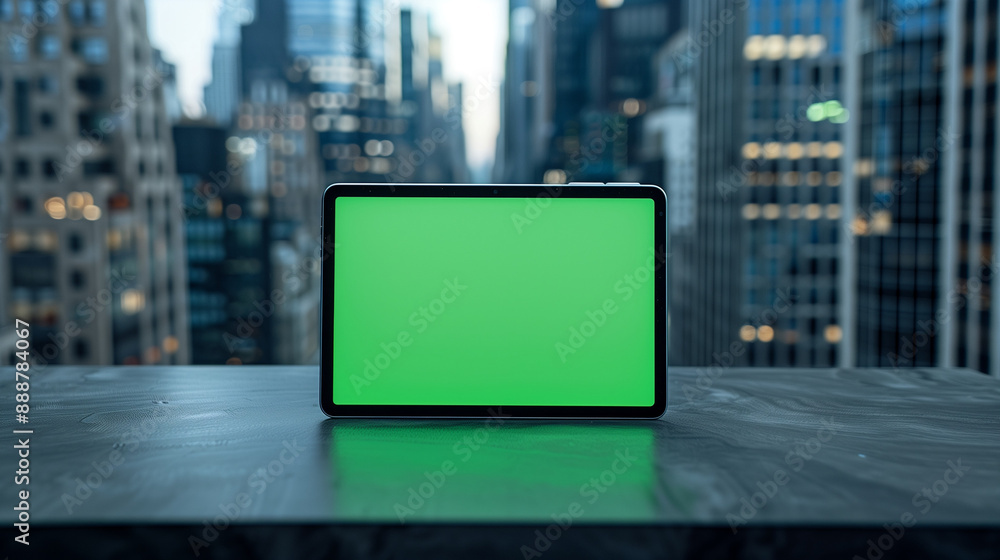 Mock up of a green screen smart tablet placed on a table. Skyscraper ...