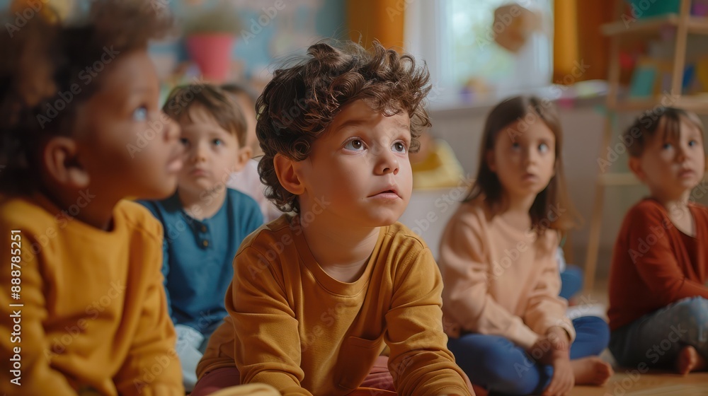 Group of small nursery school children sitting and listening to teacher ...