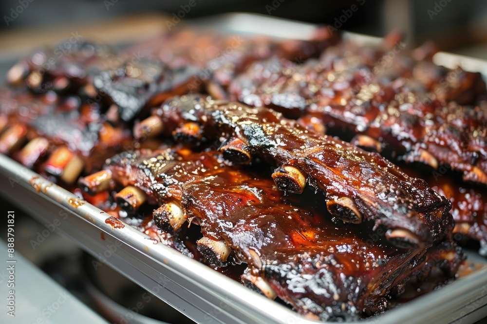 BBQ ribs cooking on a grill with the words "ribs on the grill, A tray ...