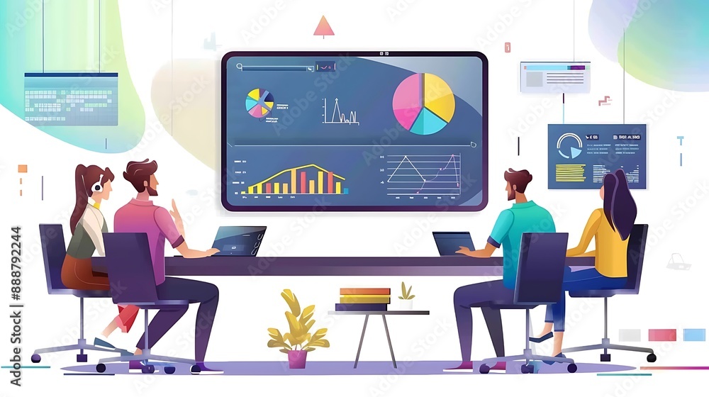 Vector cartoon illustration of Business Meeting with Whiteboard ...