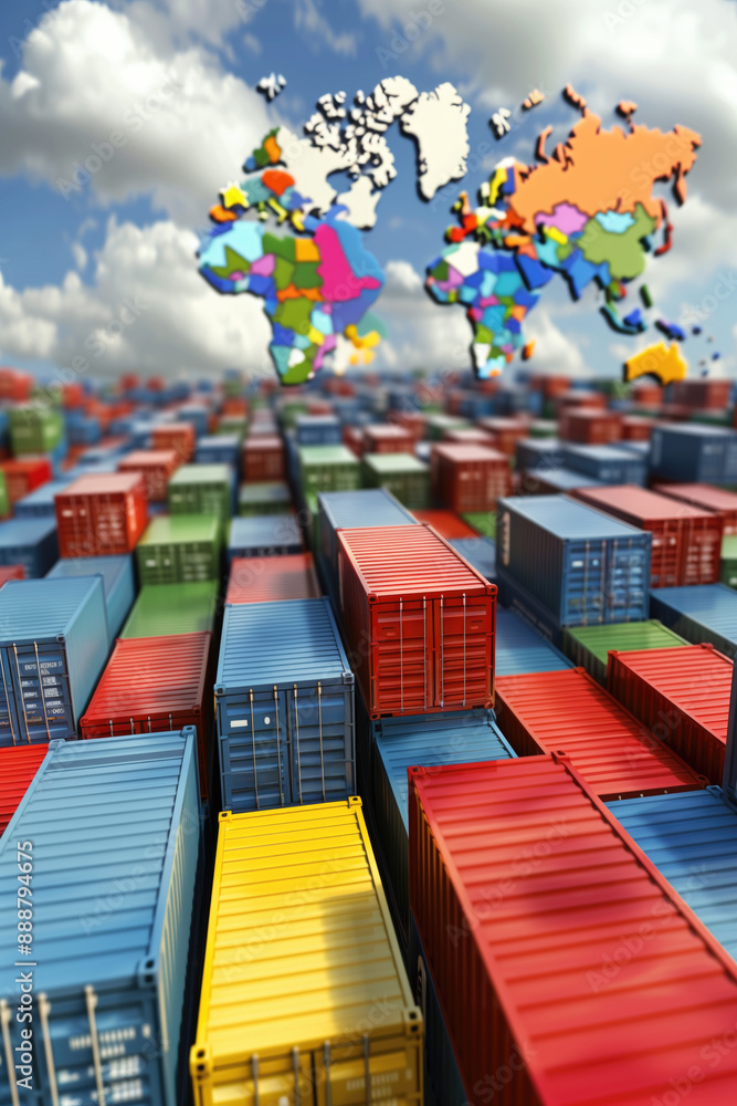 Aerial view of colorful shipping containers in a port with world map ...