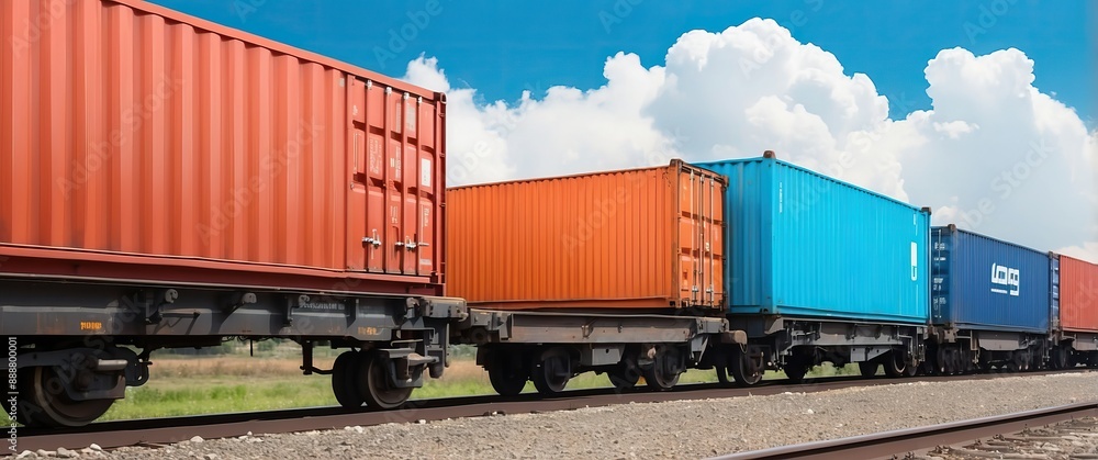 Cargo train with colorful shipping containers on track under bright ...