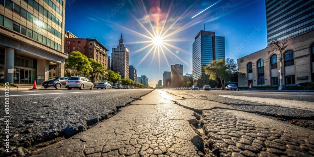 Sunlit street in a city with visible cracks in the pavement ...