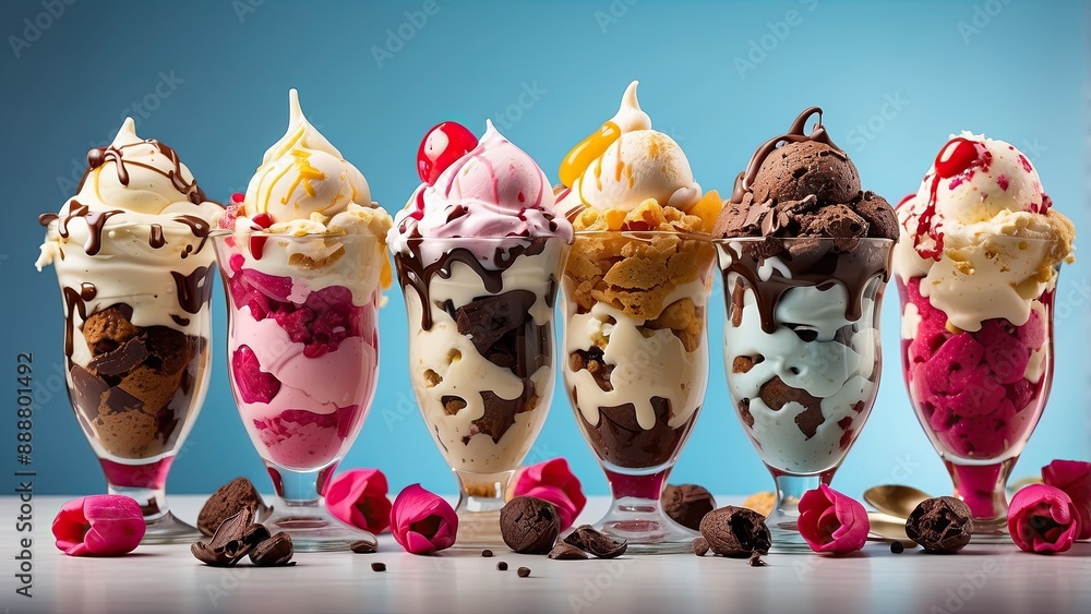 Collection of Sundae sundaes ice cream frozen dessert in tulip glass ...