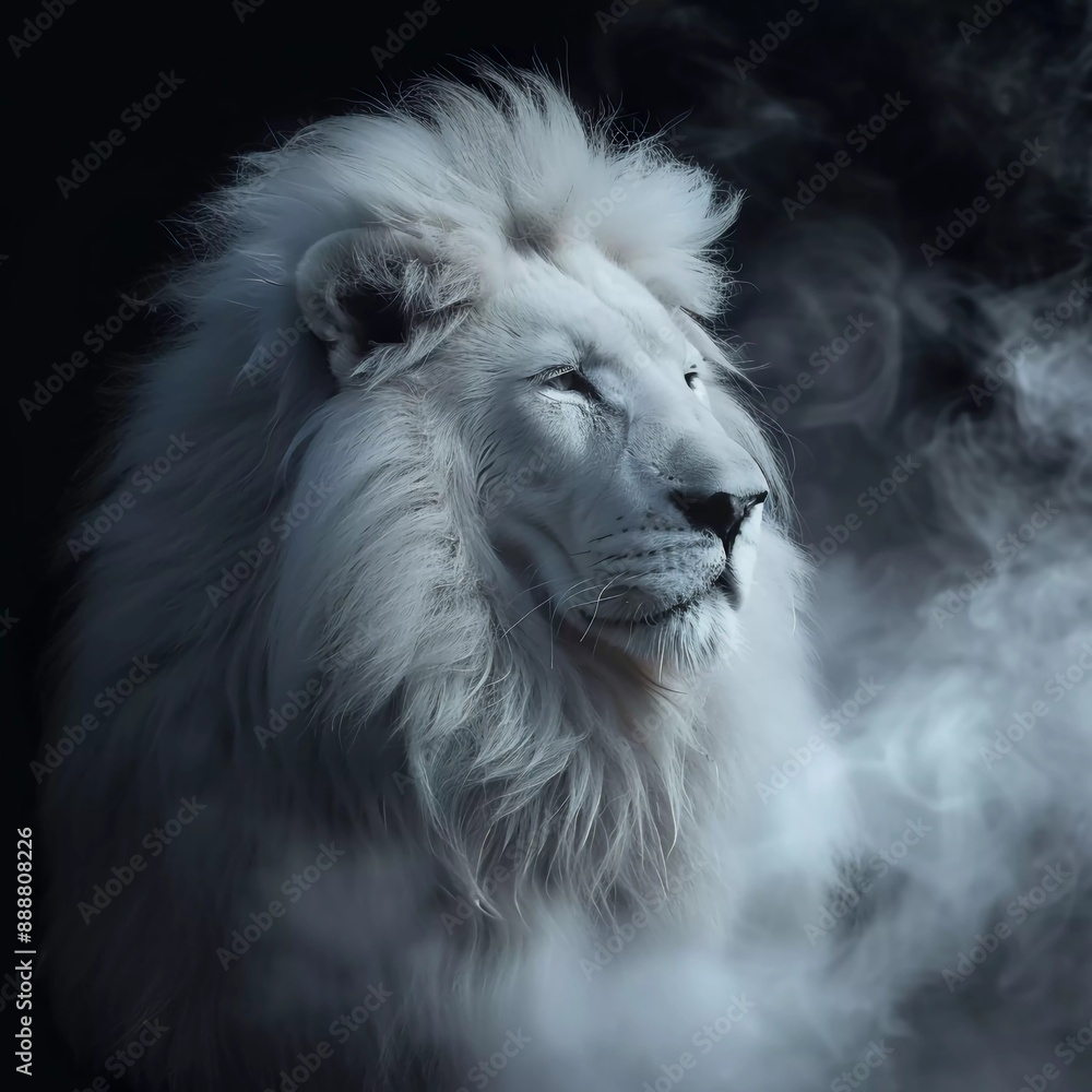 Fantasy white lion - lion deity - lion god - dark background - misty ...