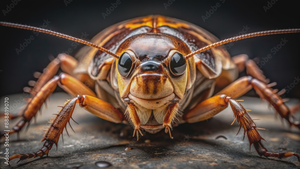 Macro shot of a brown American cockroach's shiny exoskeleton, antennae ...