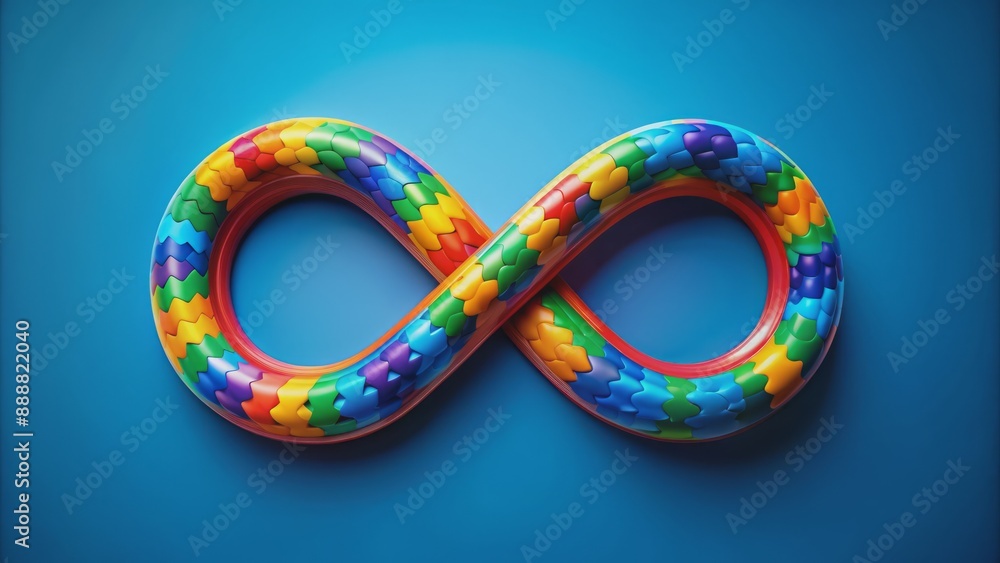 Vibrant rainbow-colored infinity symbol on a calming blue background ...