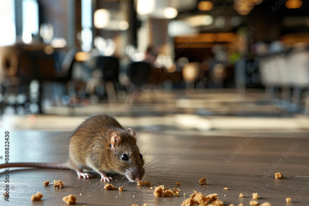Sanitation inspection concept. Mouse in a pizzeria restaurant cafe ...