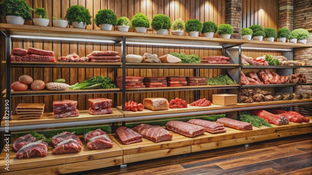Vibrant meat counter display featuring various premium cuts of meat ...