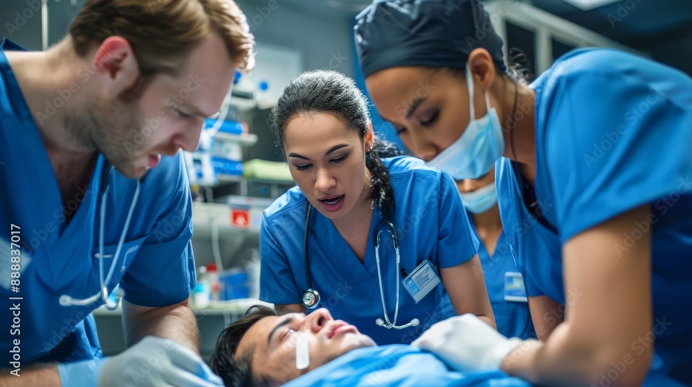 A medical team performing CPR on a patient in an emergency room ...