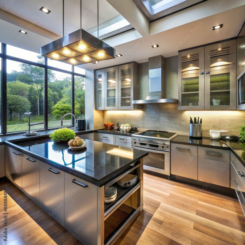 Modern Kitchen with Black Granite Countertop and Stainless Steel Appliances, kitchen design ...
