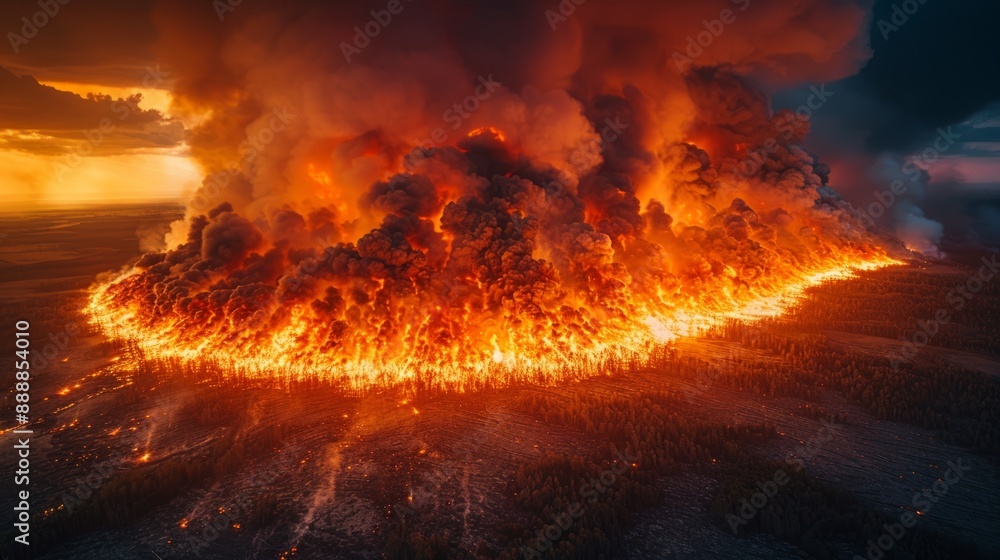 A wildfire burns across a vast expanse of forest, sending a towering ...