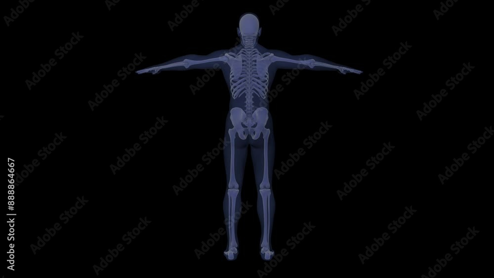 A 3D model of a human skeleton rotates slowly against a black ...
