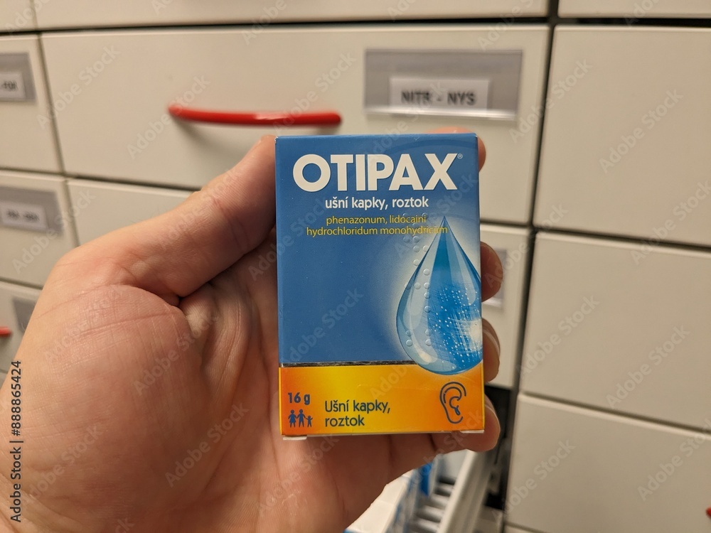 Prague, Czech Republic - July 13, 2024: OTIPAX ear drops with LIDOCAINE ...