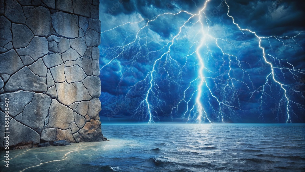 Cracked stone wall with lightning strikes on black and blue background ...