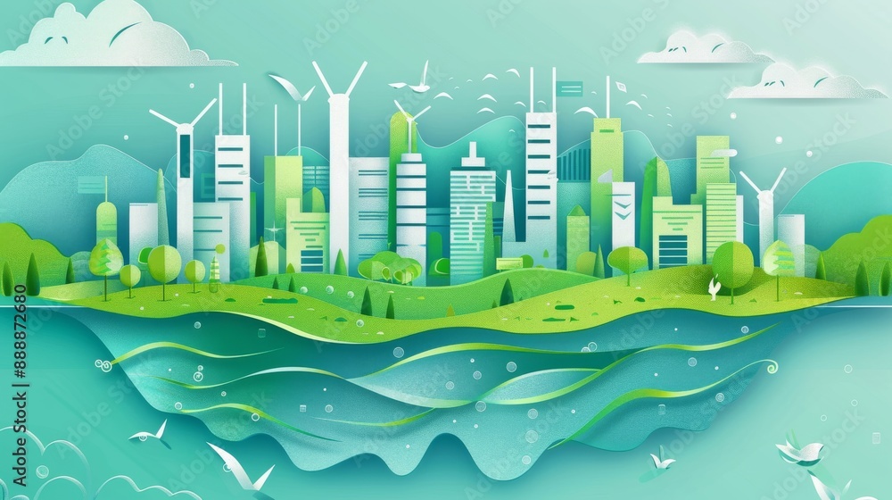 An innovative depiction of a floating sustainable city on a water body ...