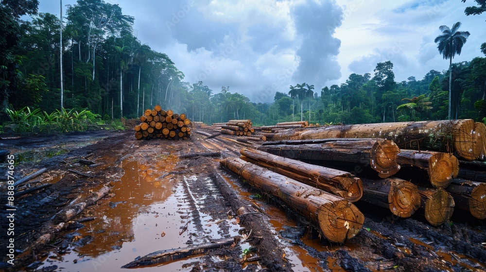 Piles of logged trees in a muddy clearing within a tropical rainforest ...