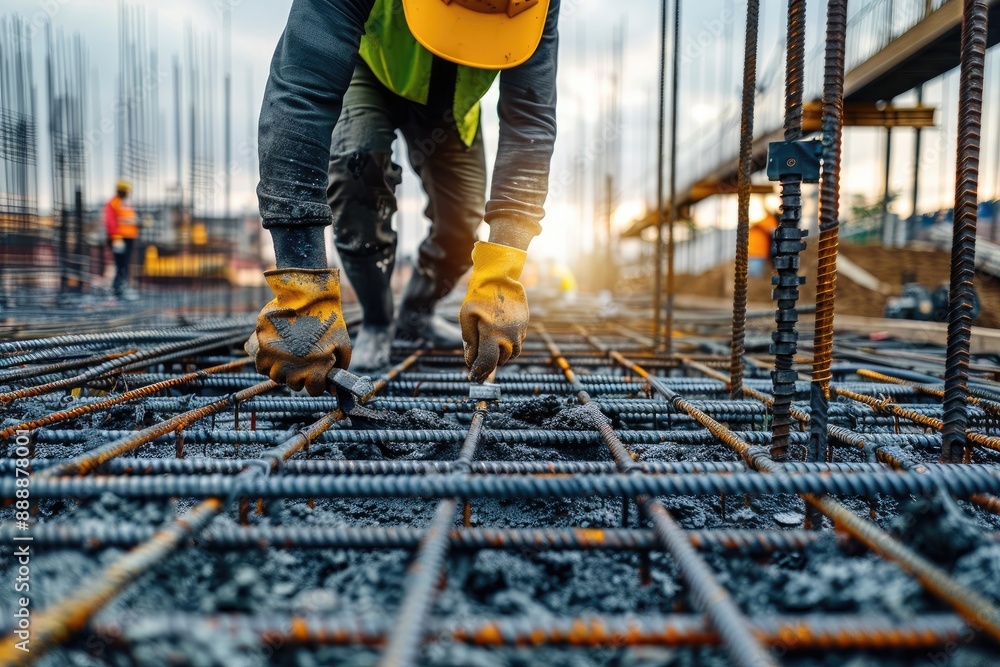 A construction worker working on steel rebar frames at the site of an ...