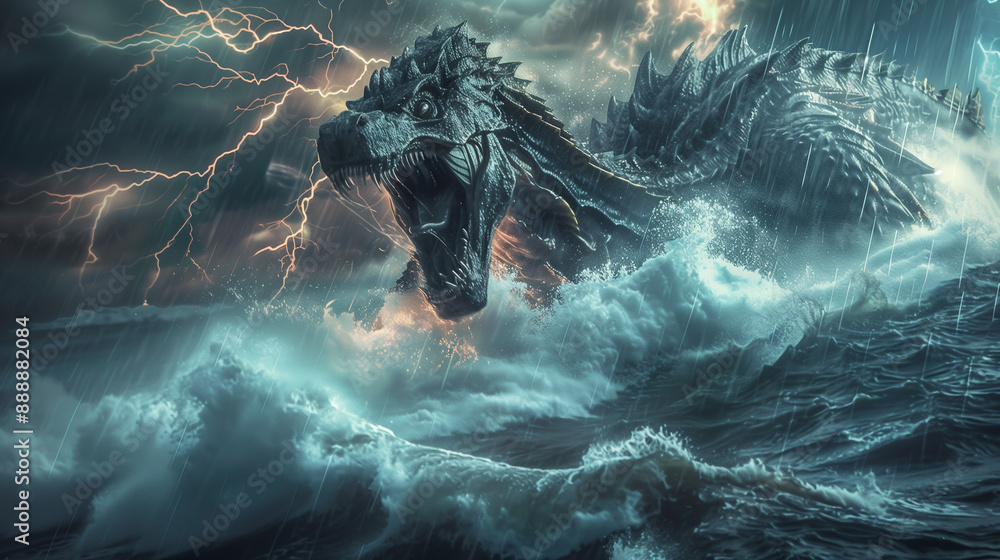 Over the raging ocean, amid the roar of thunder and lightning, a ...