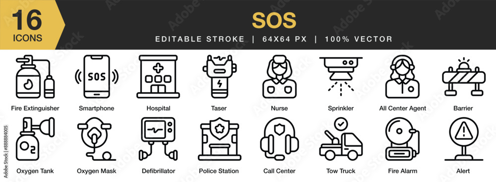 Set of 16 SOS icon set. Editable Stroke Icon Collection. Includes alert ...