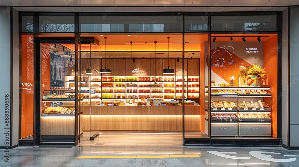 Orange lifestyle storefront with snack shelves inside. front view ...