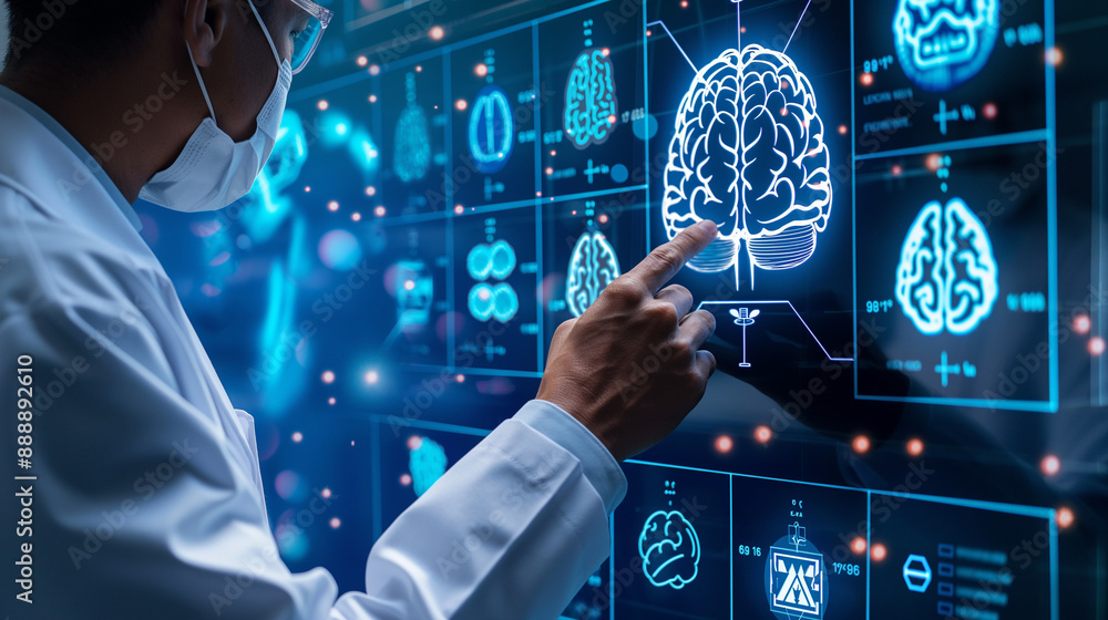 A doctor reviews and analyzes detailed brain scans on digital screens ...