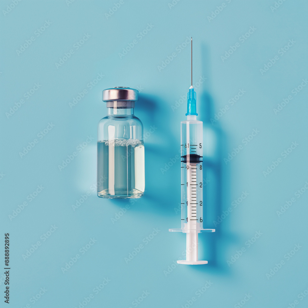 Syringe filled with a clear liquid placed next to a glass vial on a ...
