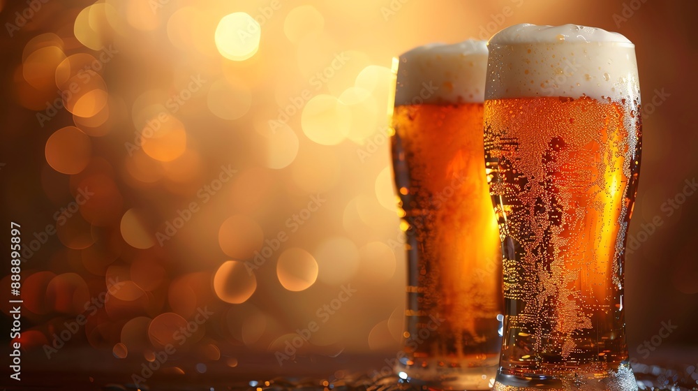 Two beer glasses clinking with frothy foam, soft background lighting ...