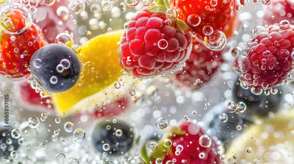 Berry and fruit close up submerged in sparkling water bubbles with ...