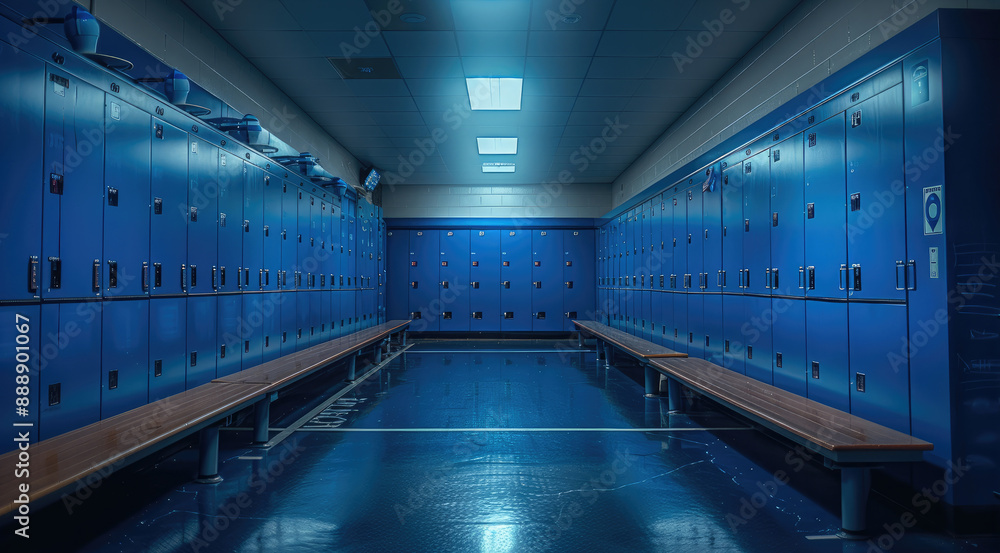Interior of a college football locker room with rows of blue lockers ...