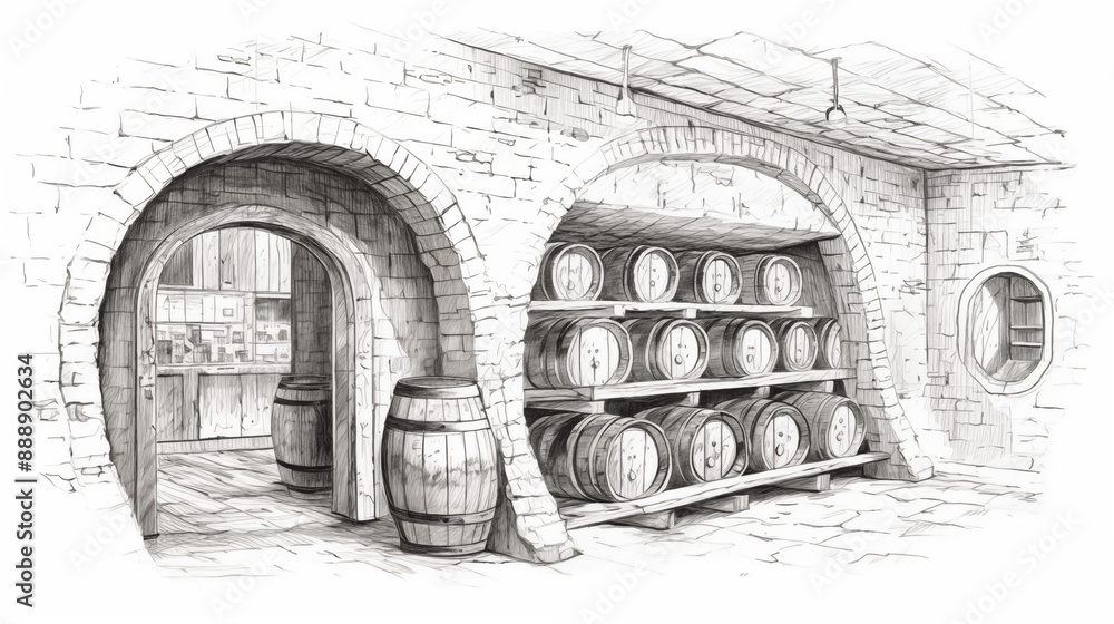 Wine underground storage. Whiskey in barrels in cellar. Wine production ...