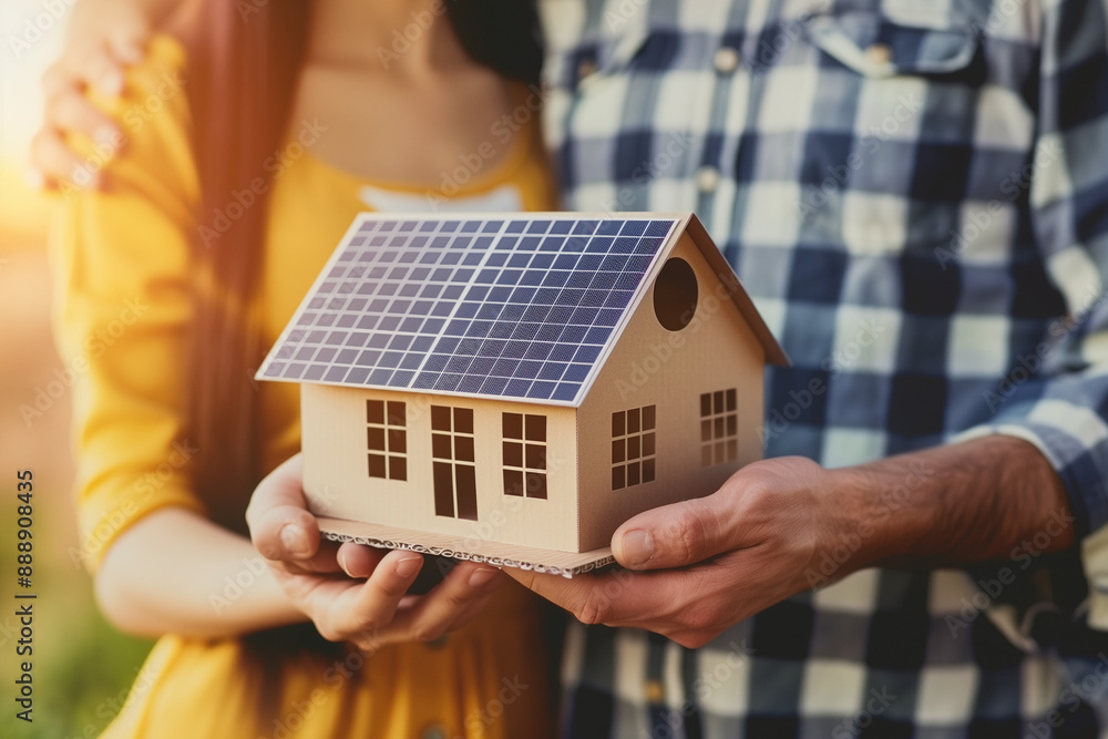family holding up a model of a house with solar panels to show ...