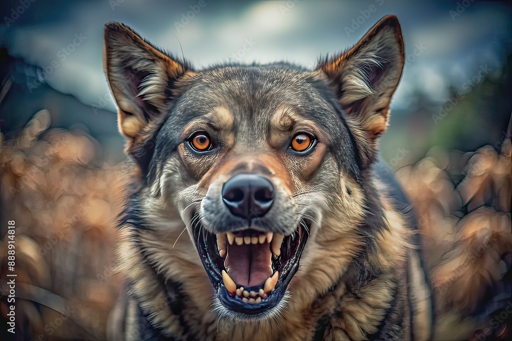 Ferocious rabid dog with massive teeth and menacing glare, fur standing ...